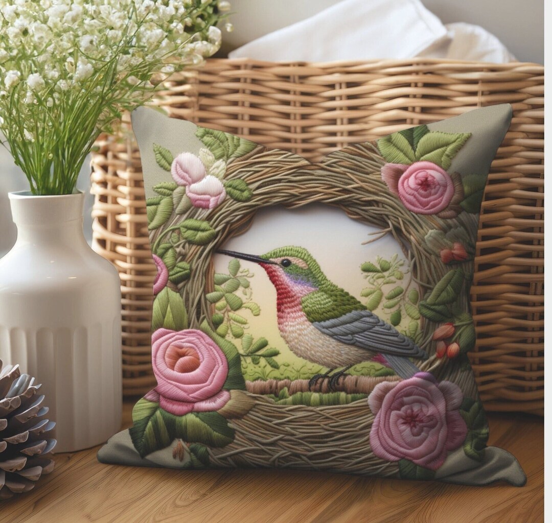 Bird Nest Hummingbird Faux Needlepoint Throw Pillow Cover | Spring Home ...