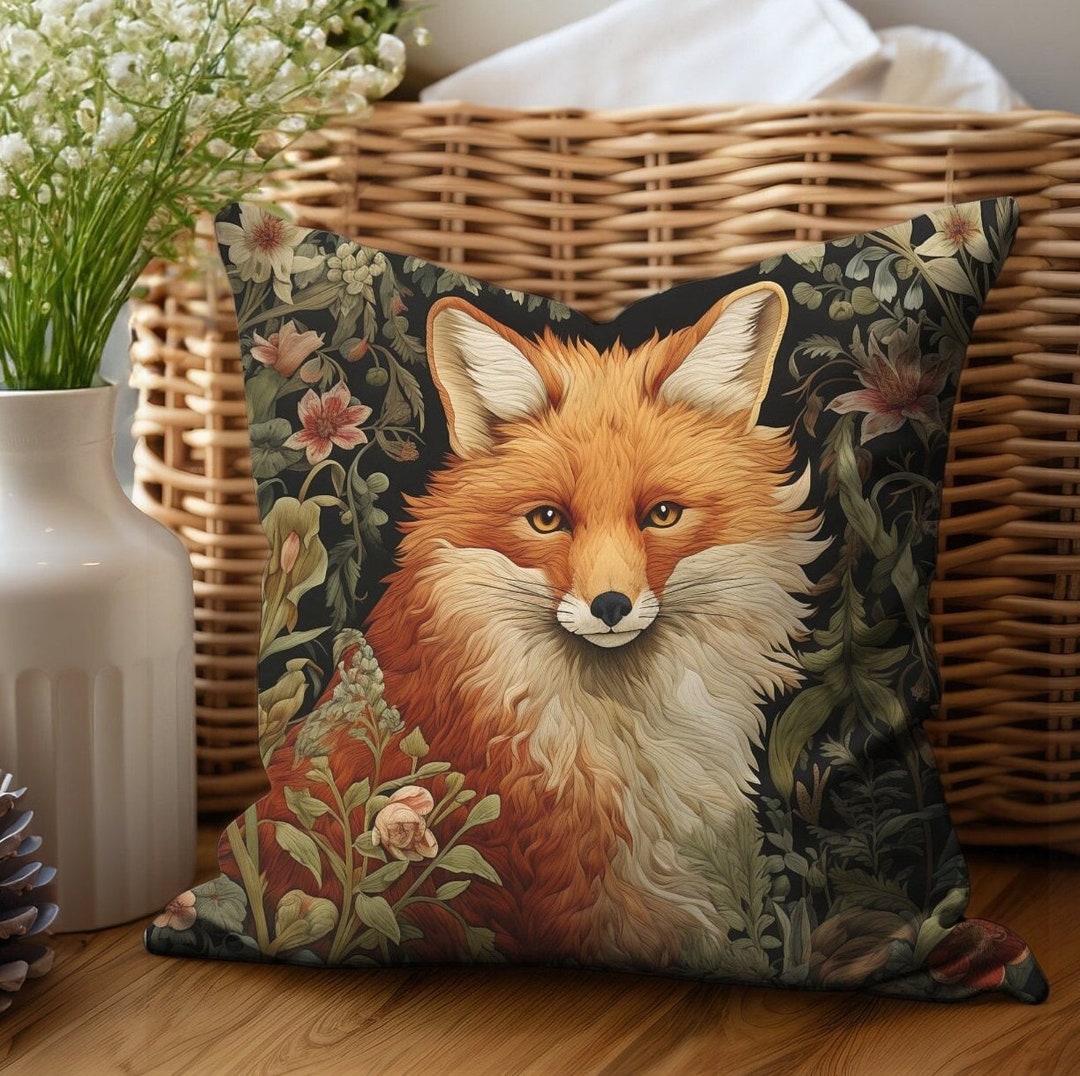William Morris Inspired Fox Black Floral Cottagecore Accent Throw ...