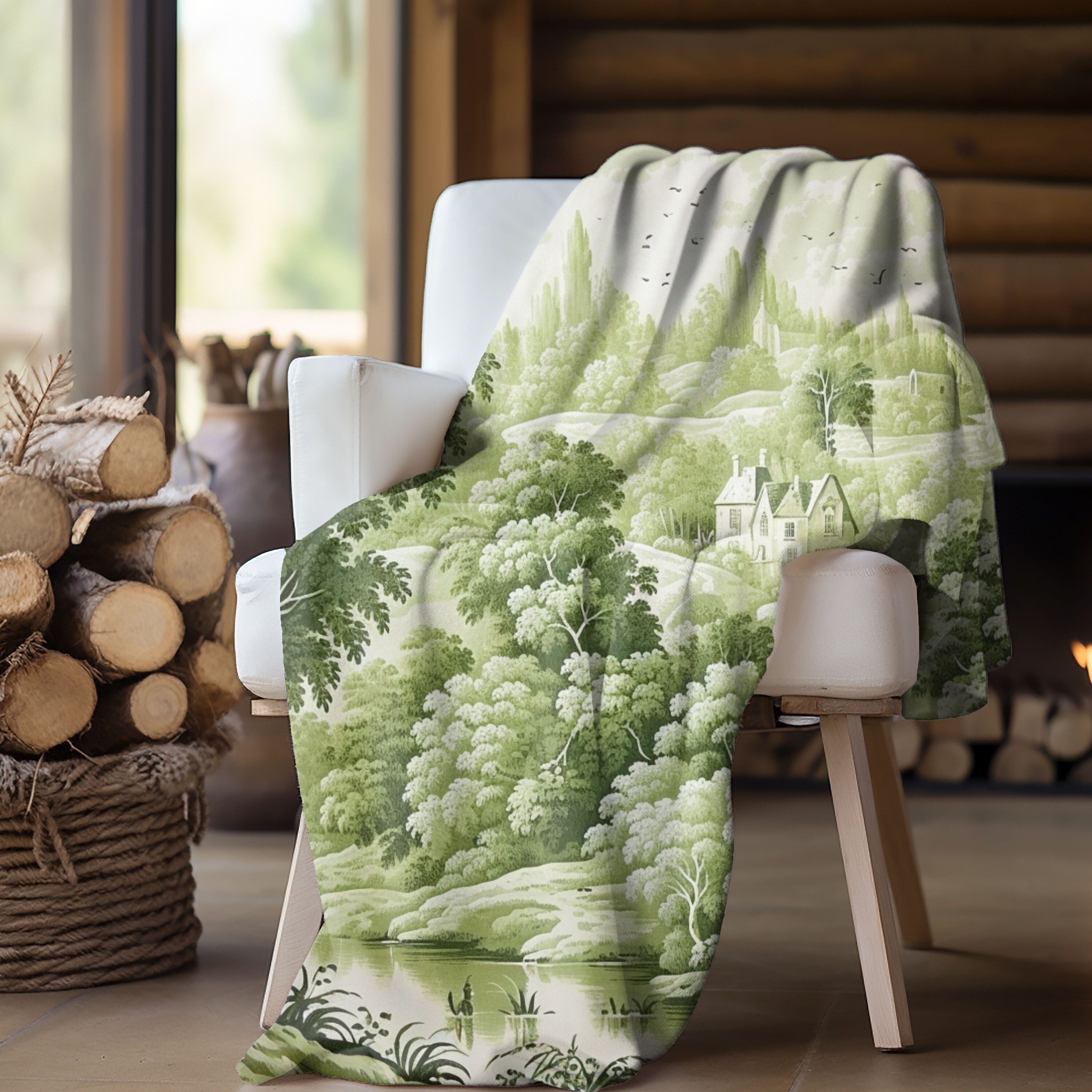 French Country Cottage Green Toile Blanket | Sherpa Fleece Blanket ...