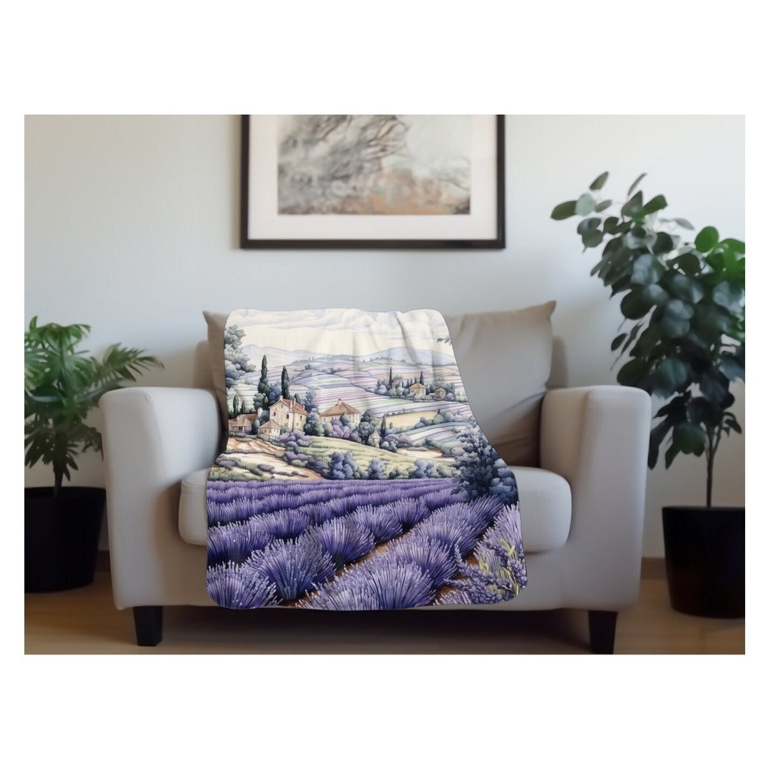 French Country Lavender Field Watercolor Painting Blanket, Soft Sherpa ...