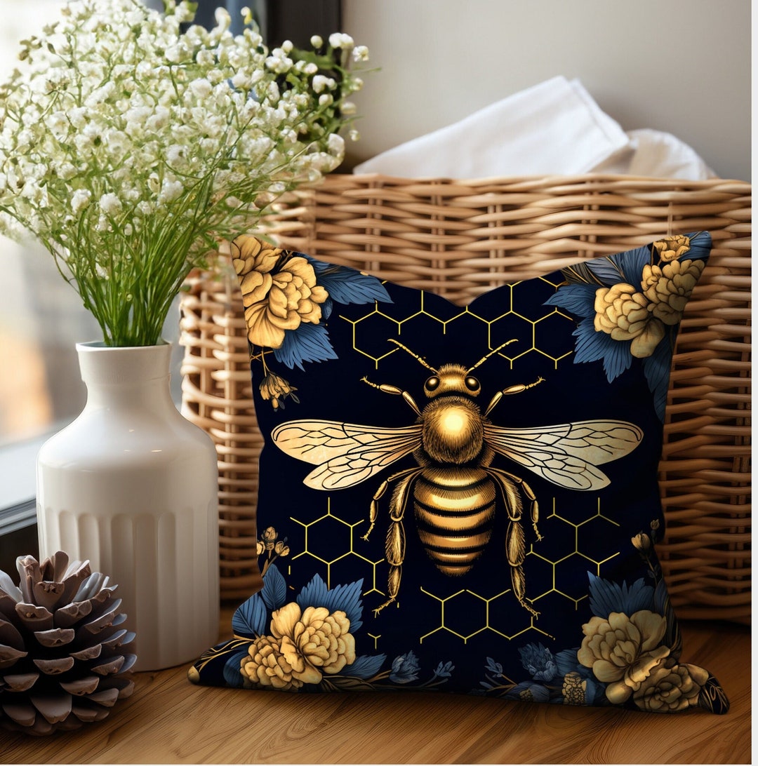 Black Bee Pillow Cover Modern Black Gold Blue Floral Bee Sofa Accent ...