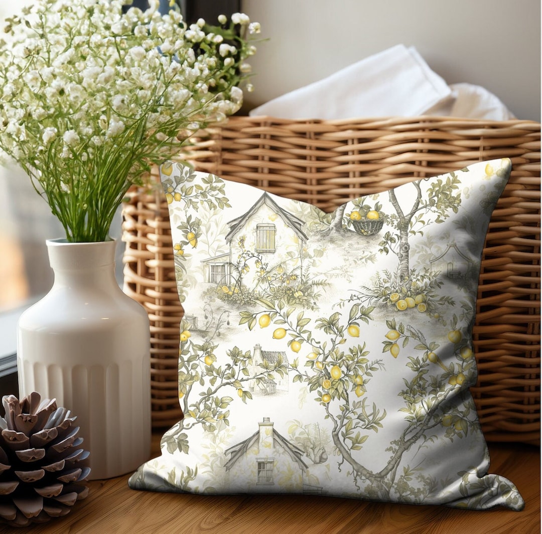 Yellow Lemon French Country Farmhouse Toile Decor Throw Pillow Cover ...