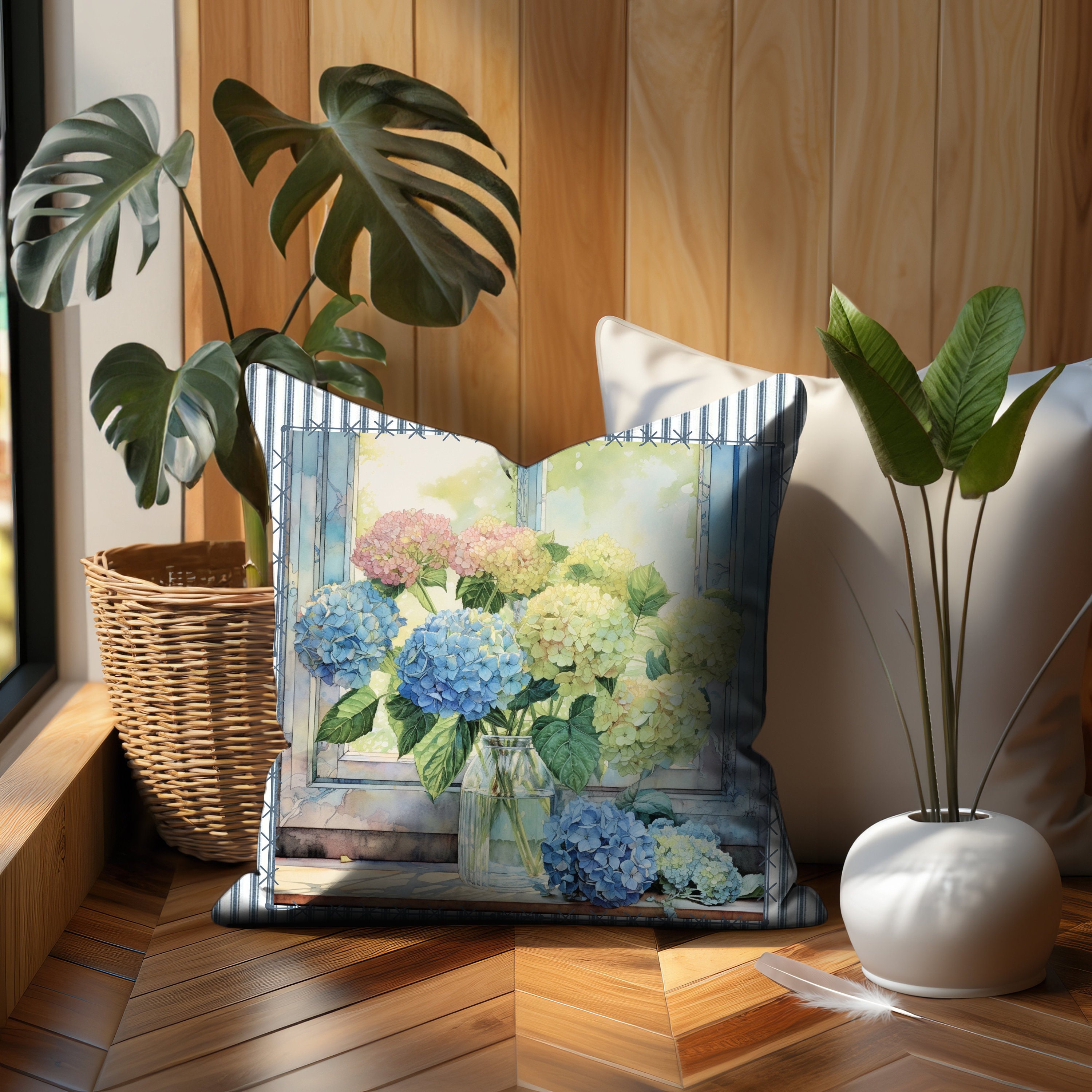 Hydrangea Pillow Cover Decor Blue Ticking Fabric Floral Sofa Pillow ...