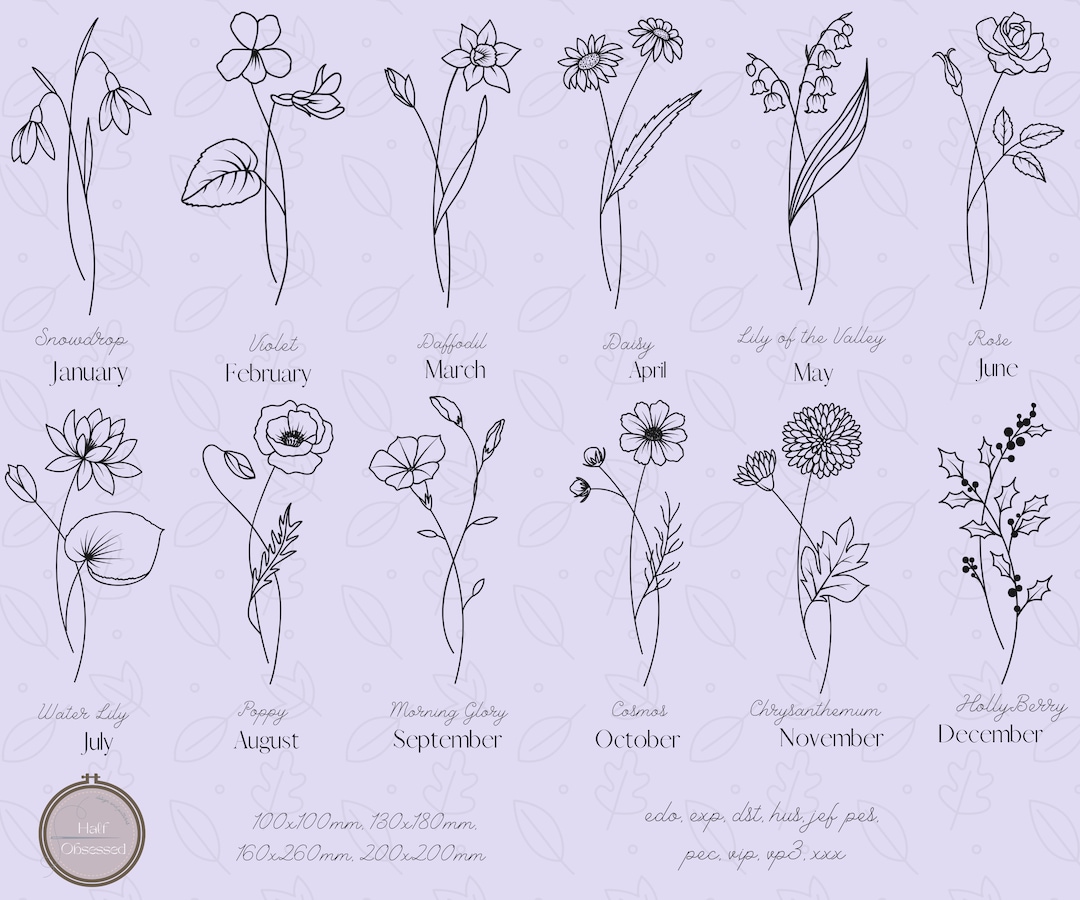 Machine Embroidery File for Birth Month Flowers, All 12 Months in ...
