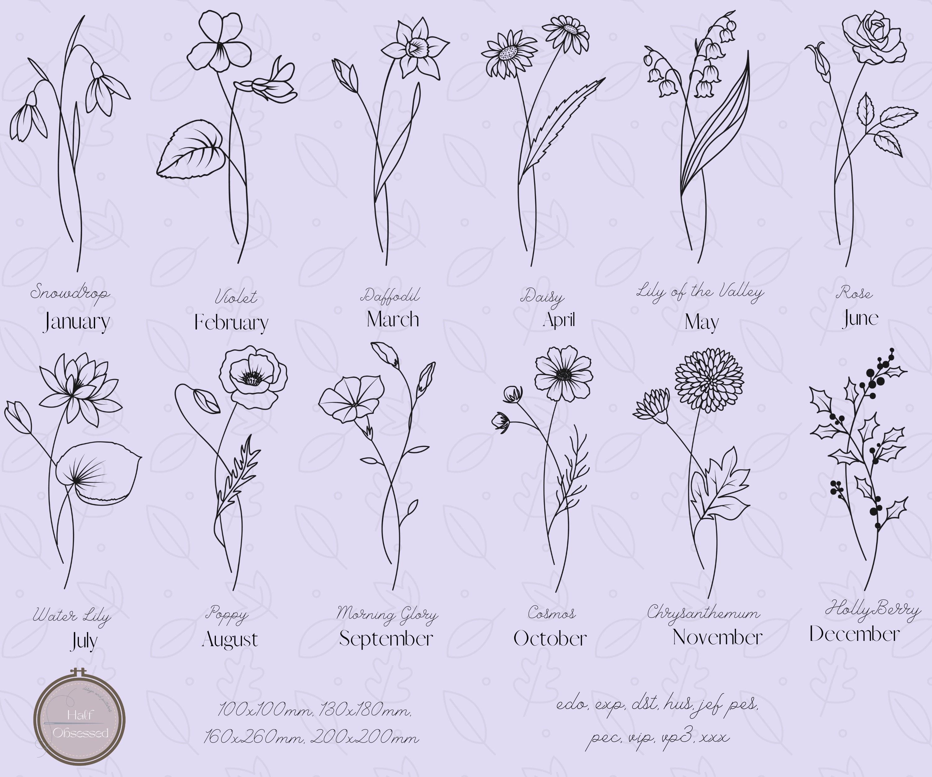 Machine Embroidery File for Birth Month Flowers, All 12 Months in ...