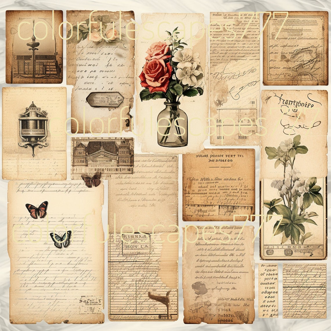Vintage Junk Journal Ephemera Pack | 50 Pages | Printable Collage Sheet ...