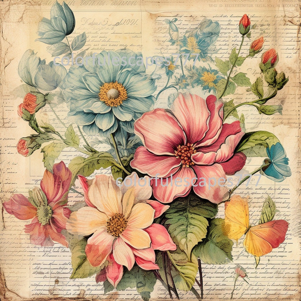 Flowers Digital Paper Altered Art Journal Page Digital Collage Sheet ...
