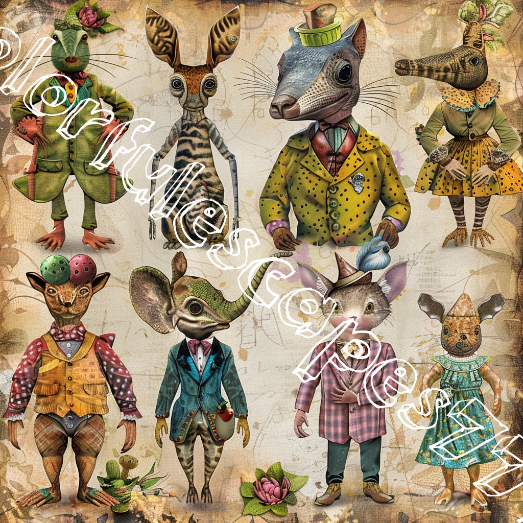 ANIMAL Paper Dolls Digital Altered Art Colorable Articulated Digital ...
