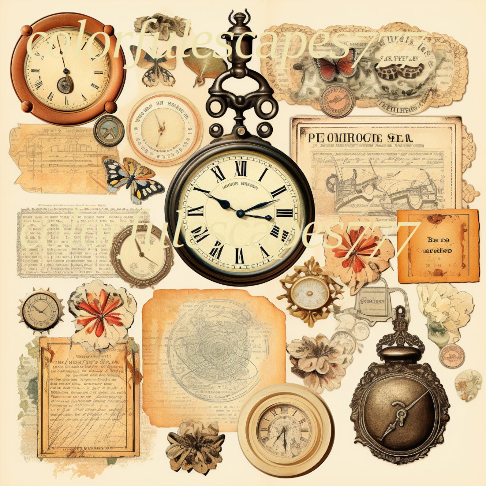 Vintage Time& Clock Ephemera | 200 + Pc | Printable Junk Journal Supply ...