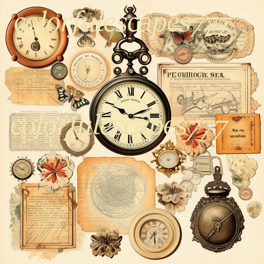 Vintage Time& Clock Ephemera | 200 + Pc | Printable Junk Journal Supply ...