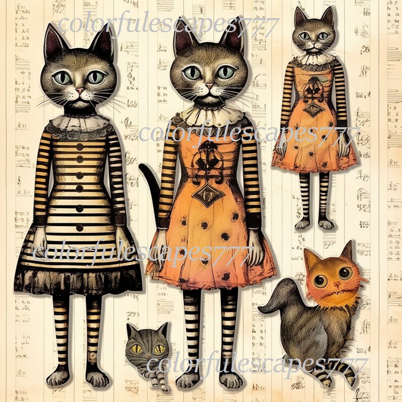 Halloween Cat Paper Doll Altered Art Collage Sheet - Printable Instant ...
