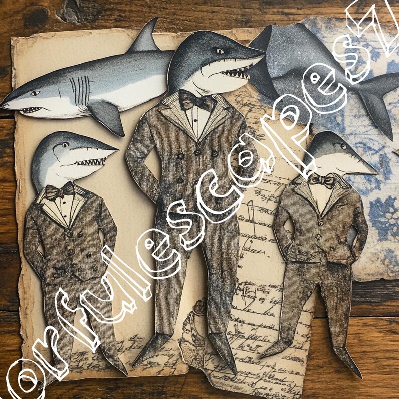 Sharks Paper Dolls Digital Altered Art Colorable Articulated Digital ...
