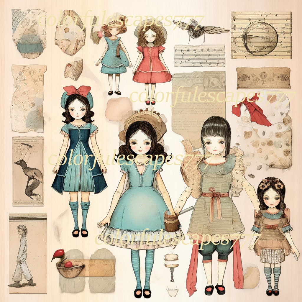 Enchanting Printable Paper Dolls and Sceneries Kit for Junk Journals ...