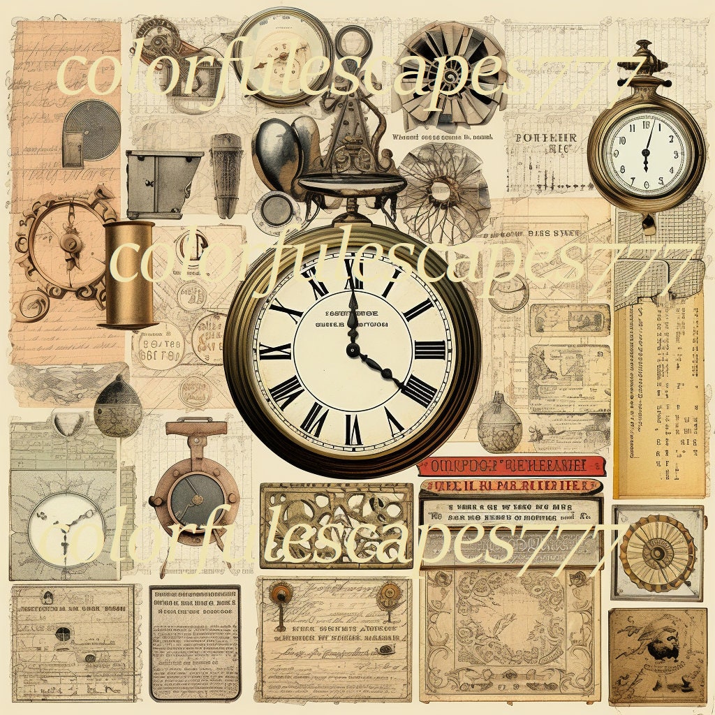 Vintage Time& Clock Ephemera | 200 + Pc | Printable Junk Journal Supply ...