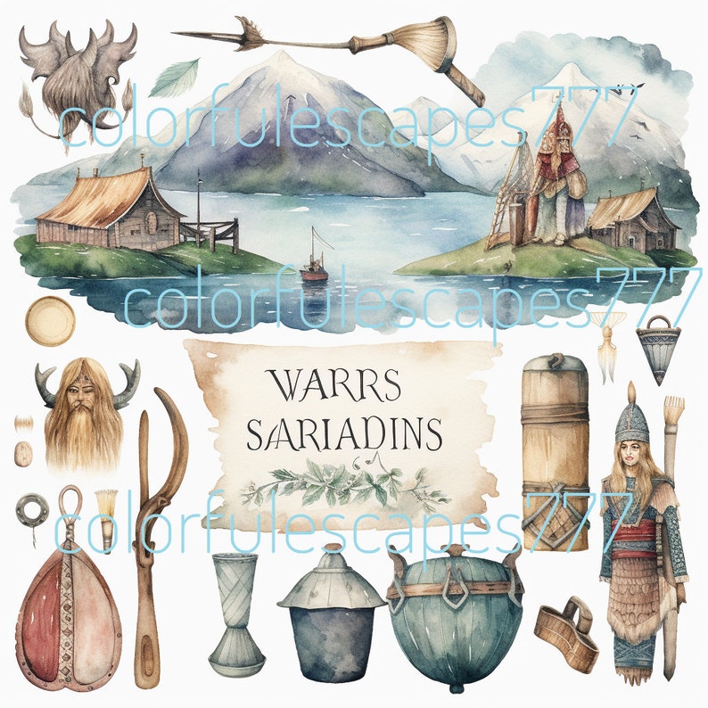 Nordic Charm: Vikings Watercolor Clipart Set With Dolls - Perfect for ...