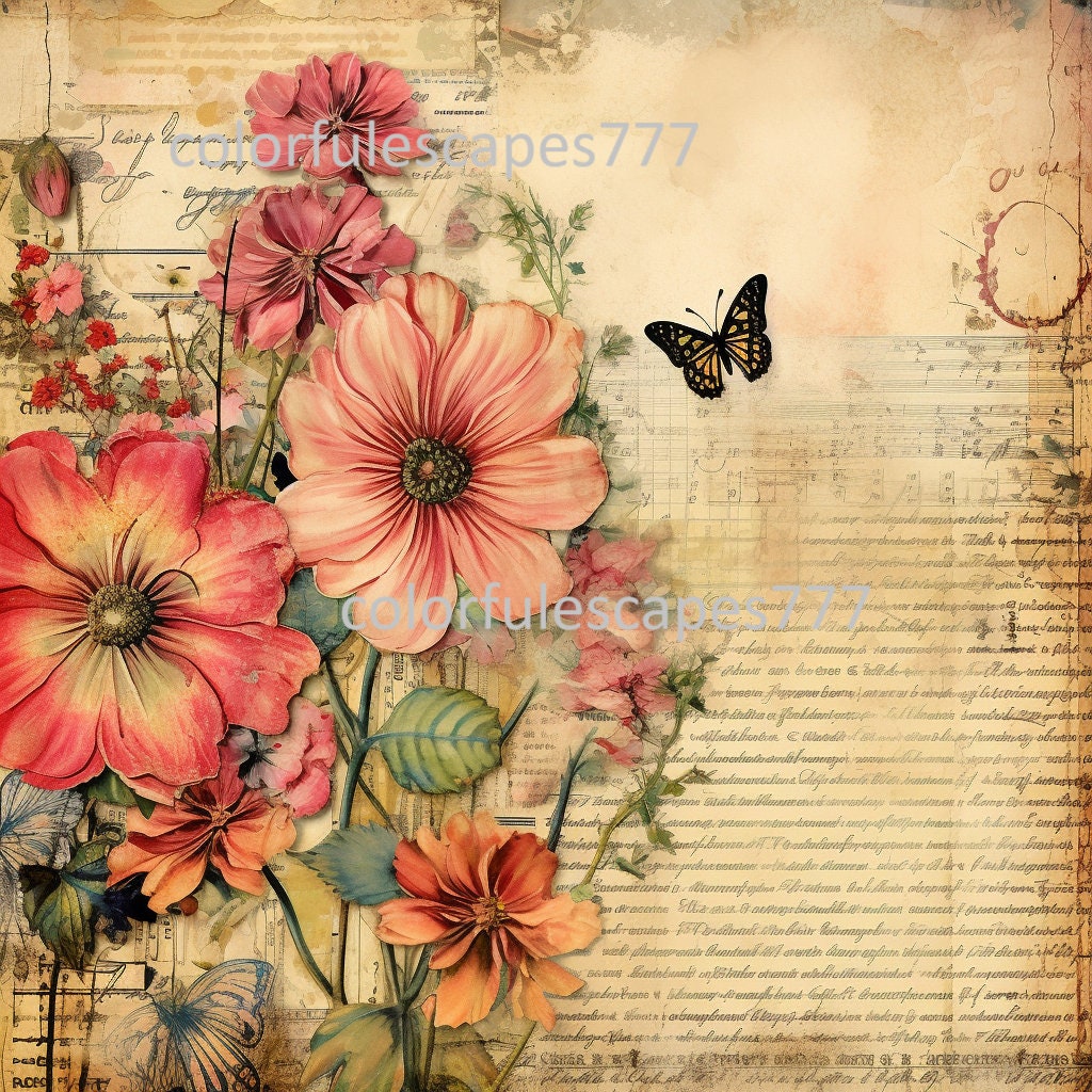 Flowers Digital Paper Altered Art Journal Page Digital Collage Sheet ...
