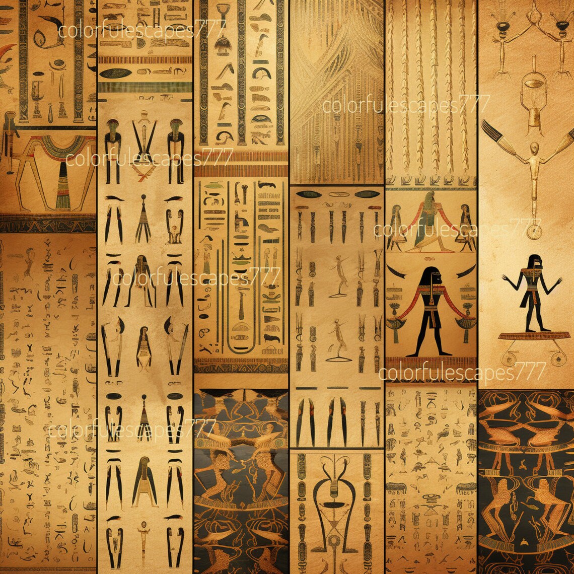 Egyptian Hieroglyphics Digital Paper – Vintage Papyrus Patterns (PNG ...
