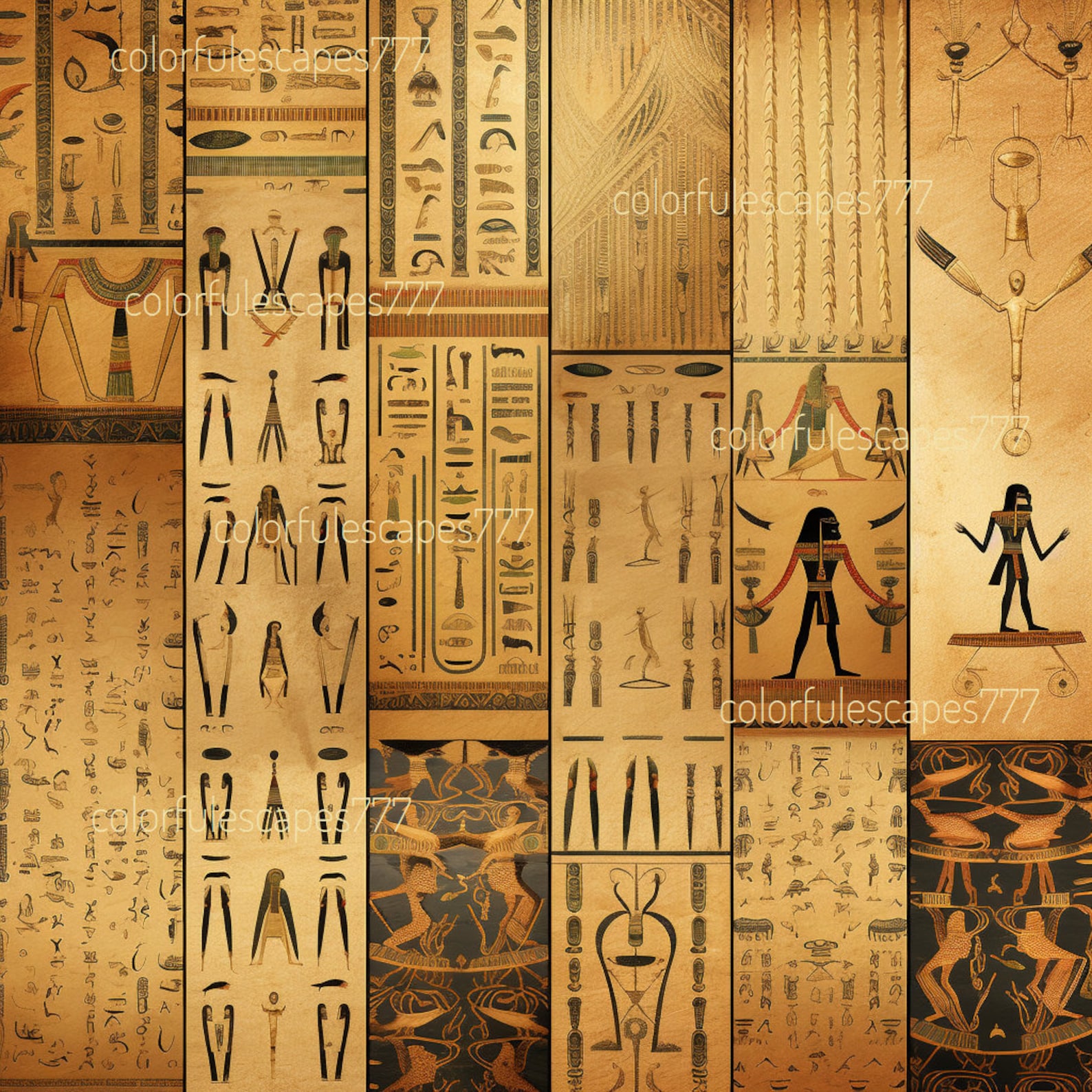 Egyptian Hieroglyphics Digital Paper – Vintage Papyrus Patterns (PNG ...