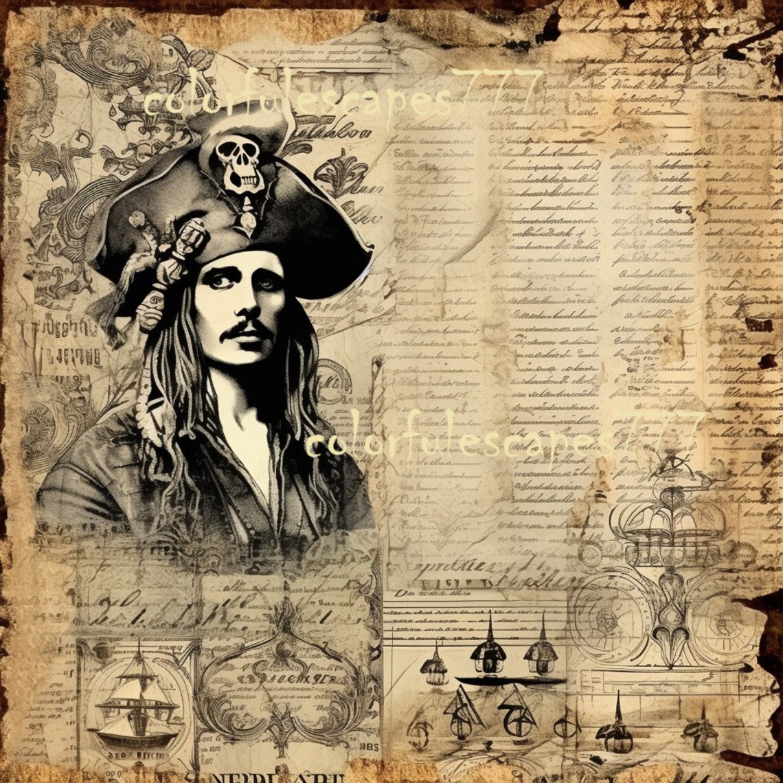 Pirates Digital Paper Altered Art Journal Page Digital Collage Sheet ...
