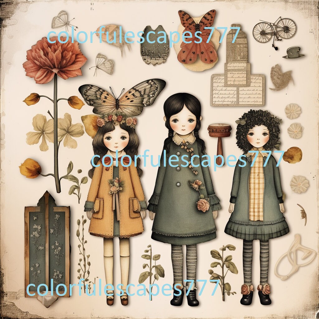 Whimsical Printable Paper Dolls and Sceneries Kit for Junk Journals ...