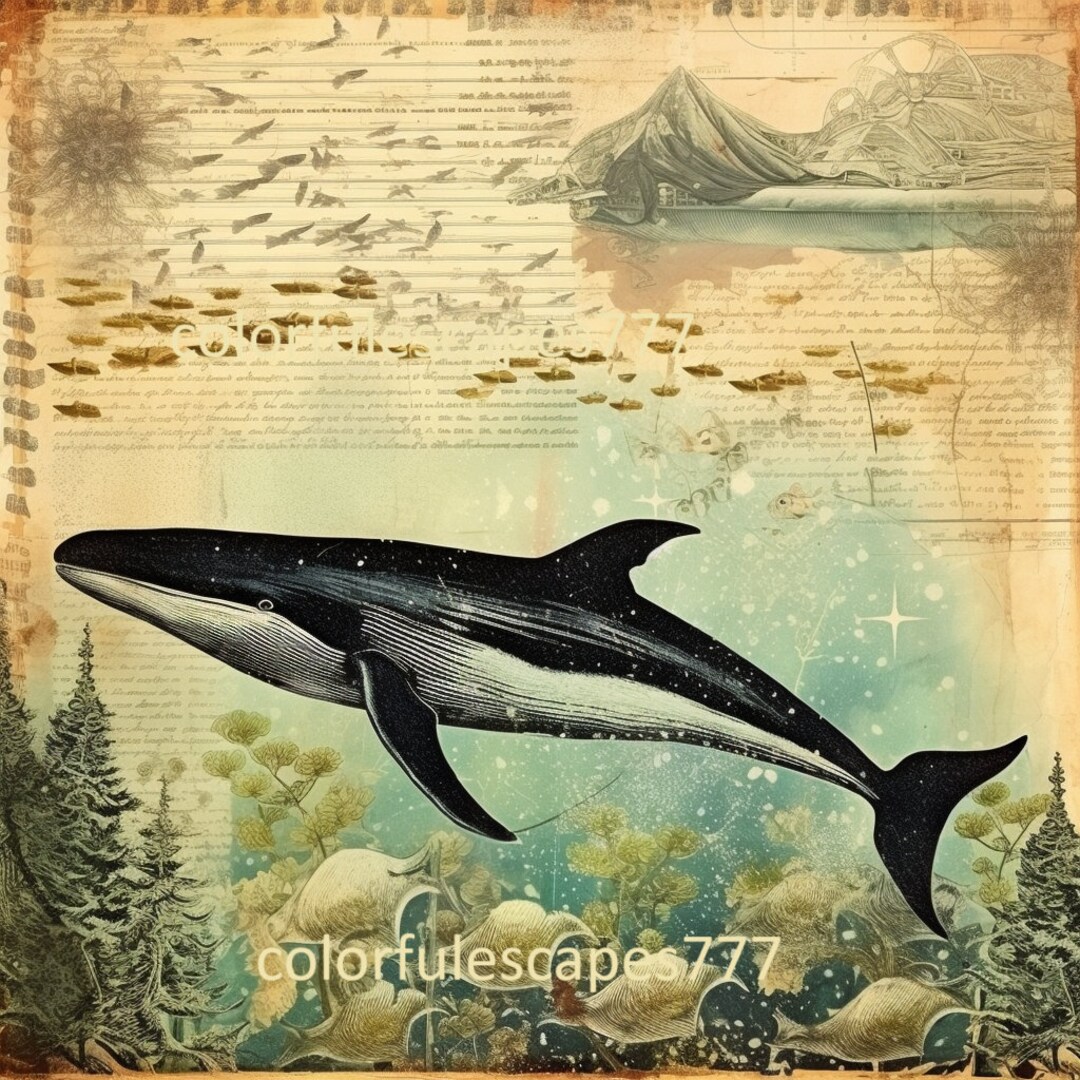 Whales Digital Collage Sheet, Altered Art Scrapbooking (PNG, JPG ...