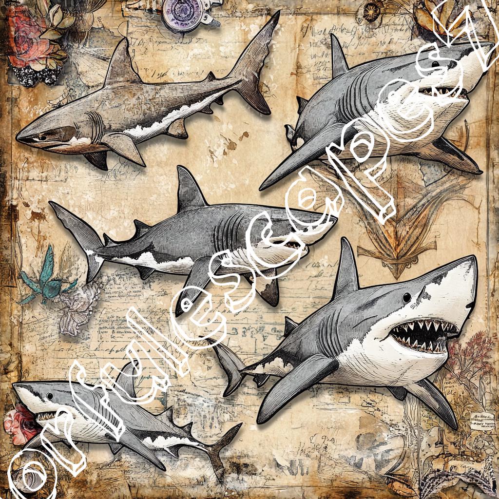 Sharks Paper Dolls Digital Altered Art Colorable Articulated Digital ...