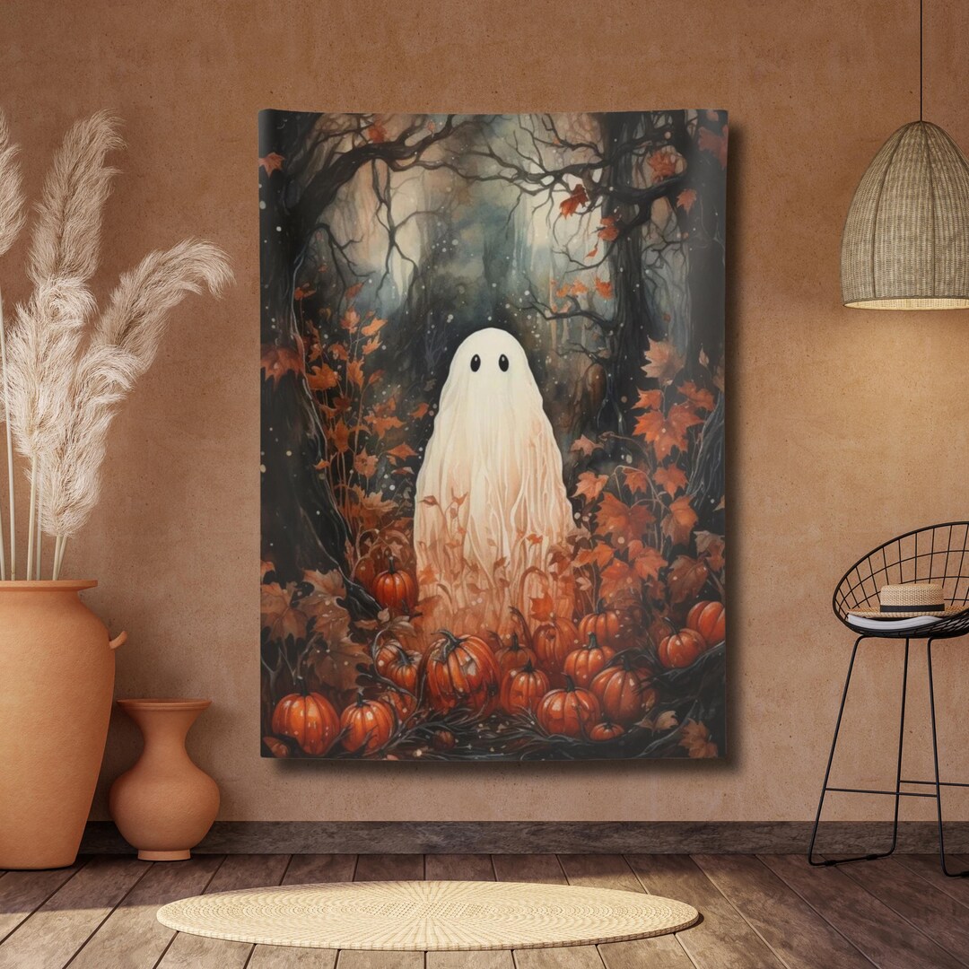 Ghost in Pumpkin Field Tapestry, Halloween Decor, Spooky Halloween Wall ...