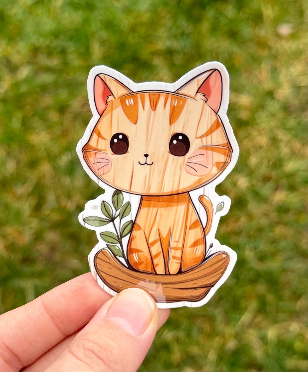 Wood Grain Cat & Plant, Kitty Sticker, Kitten Decal for Plant Lovers ...