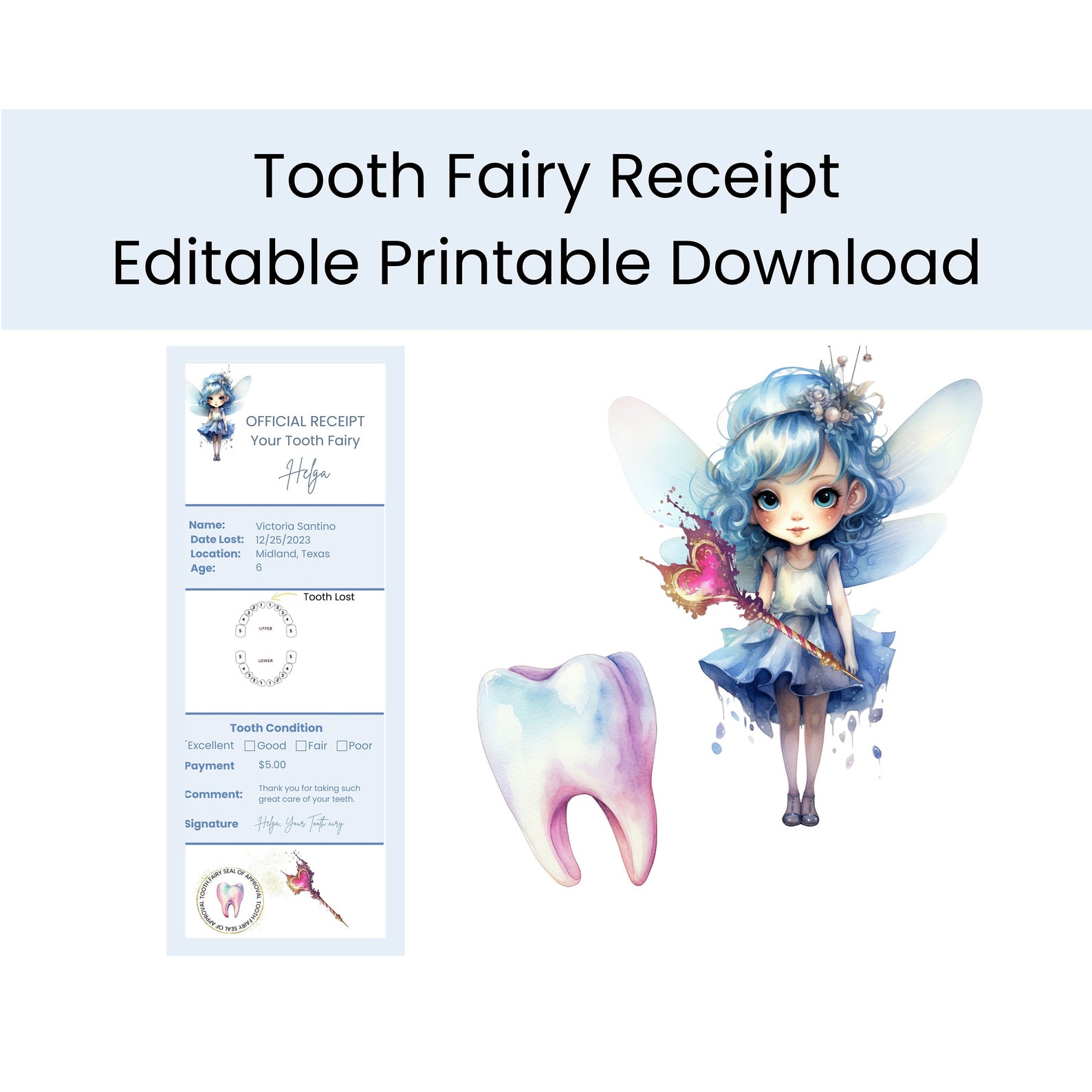 Editable Tooth Fairy Receipt and Keepsake - First Tooth Certificate ...