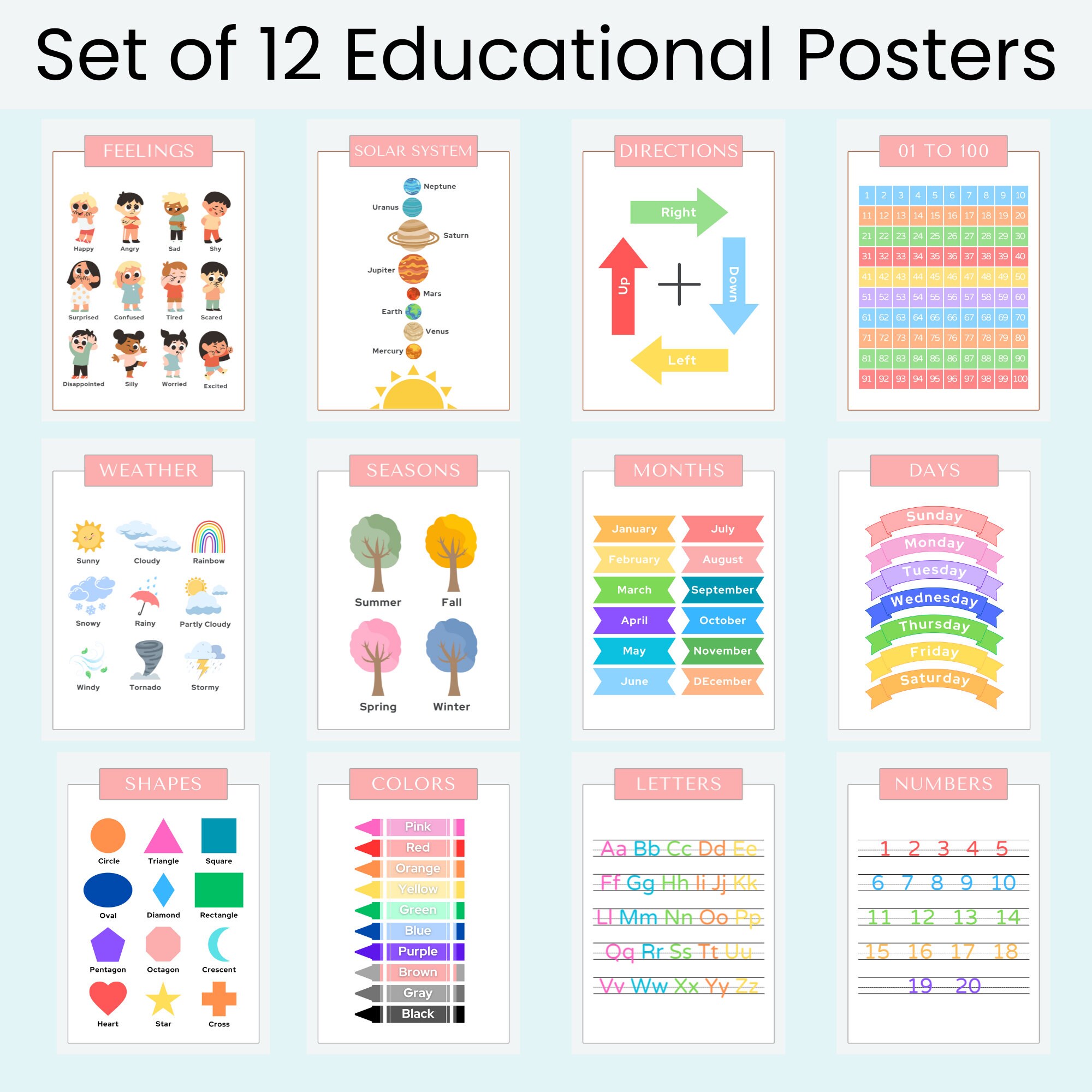 Printable Learning Posters for Pre K and K - Colors, Shapes, Days of ...