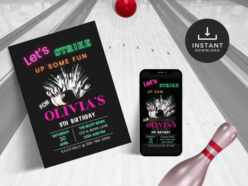 Neon Bowling Party Invitation, Downloadable Invitations Bowling ...