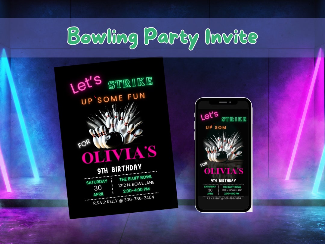 Neon Bowling Party Invitation, Downloadable Invitations Bowling ...