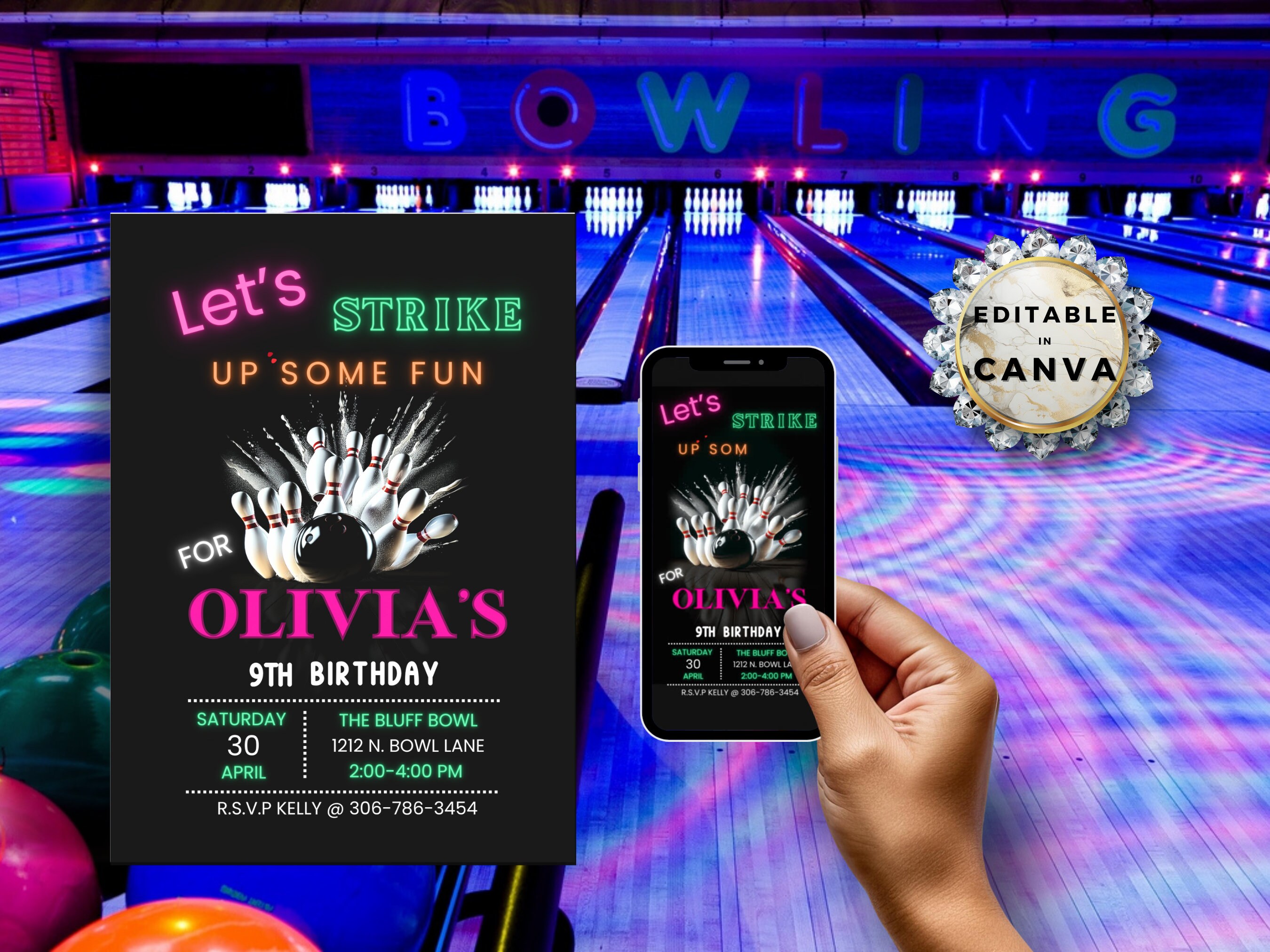 Neon Bowling Party Invitation, Downloadable Invitations Bowling ...