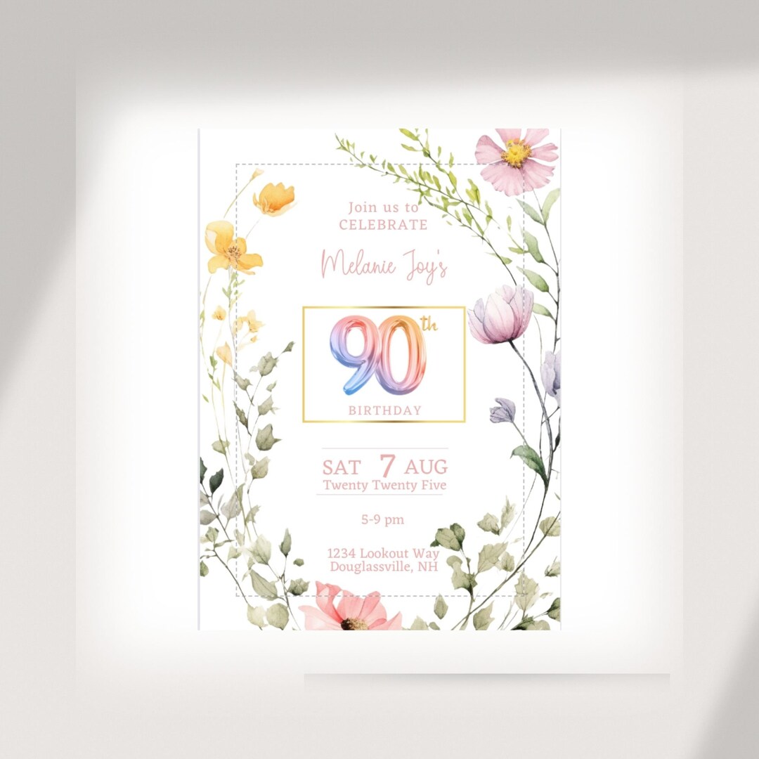 Customizable 90th Birthday Soft and Feminine Wildflower Invitation ...