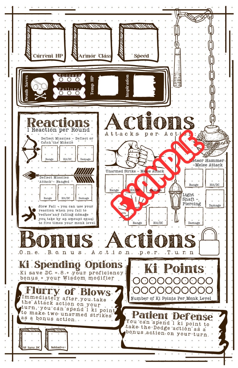 DND Character Sheet Monk Actions and Bonus Actions - Etsy UK