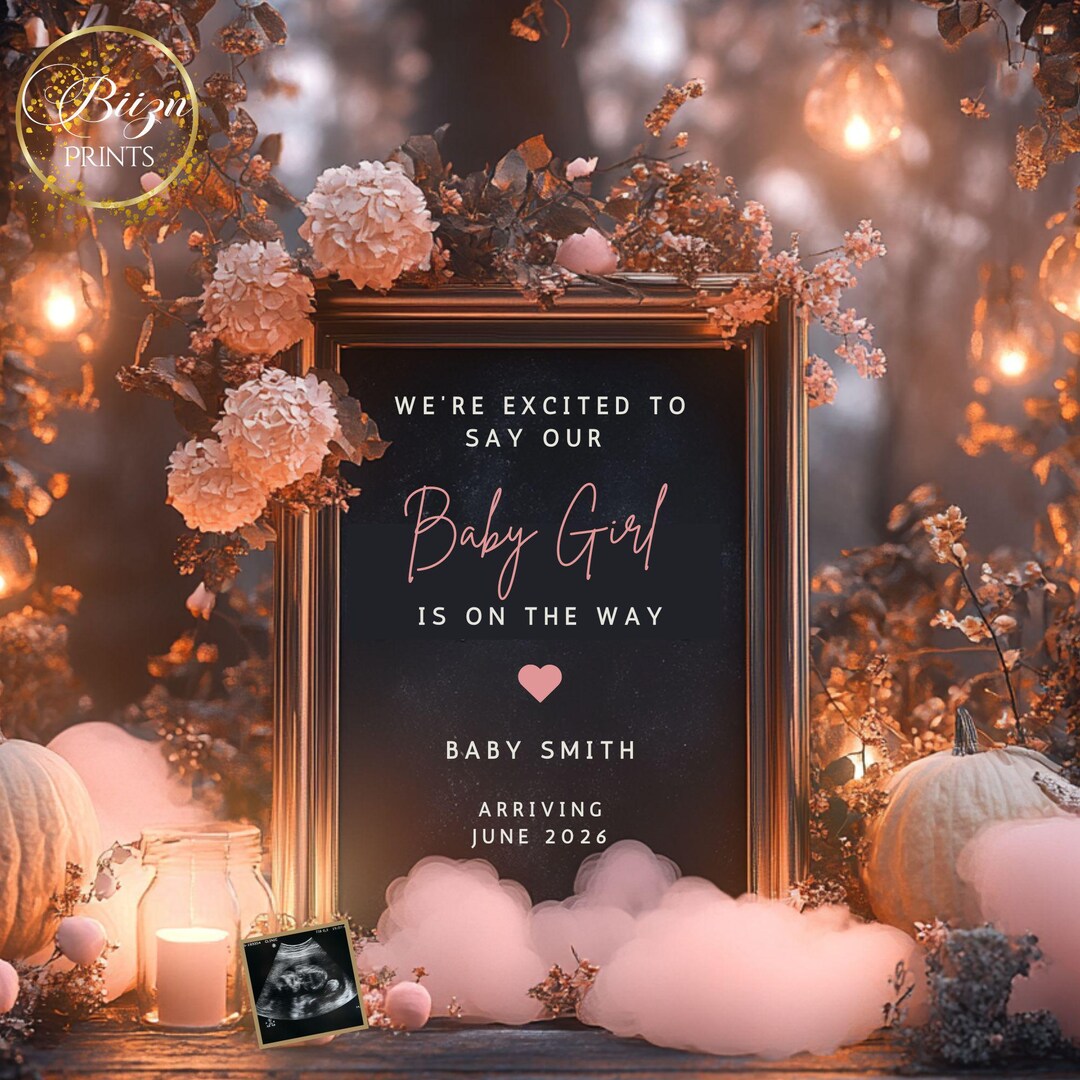 Baby Girl Pink Smoky Gender Reveal Pregnancy Announcement Digital, Baby ...
