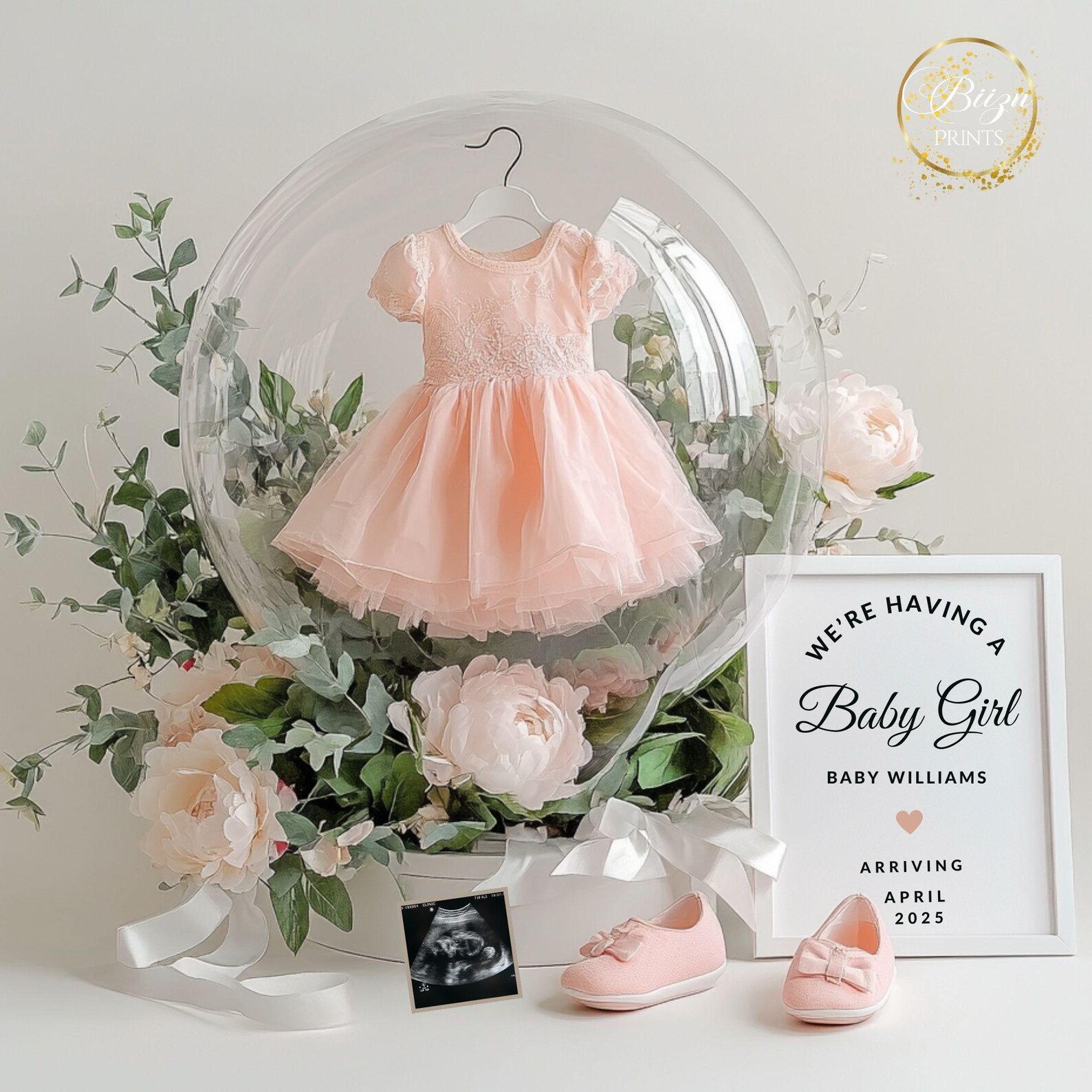 Baby Girl Pregnancy Announcement Modern Balloon, Bobo Balloon Digital ...