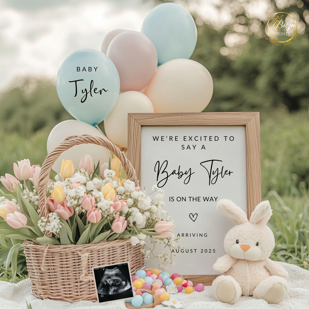 Neutral Pregnancy Announcement Digital, Spring Announcement, Editable ...