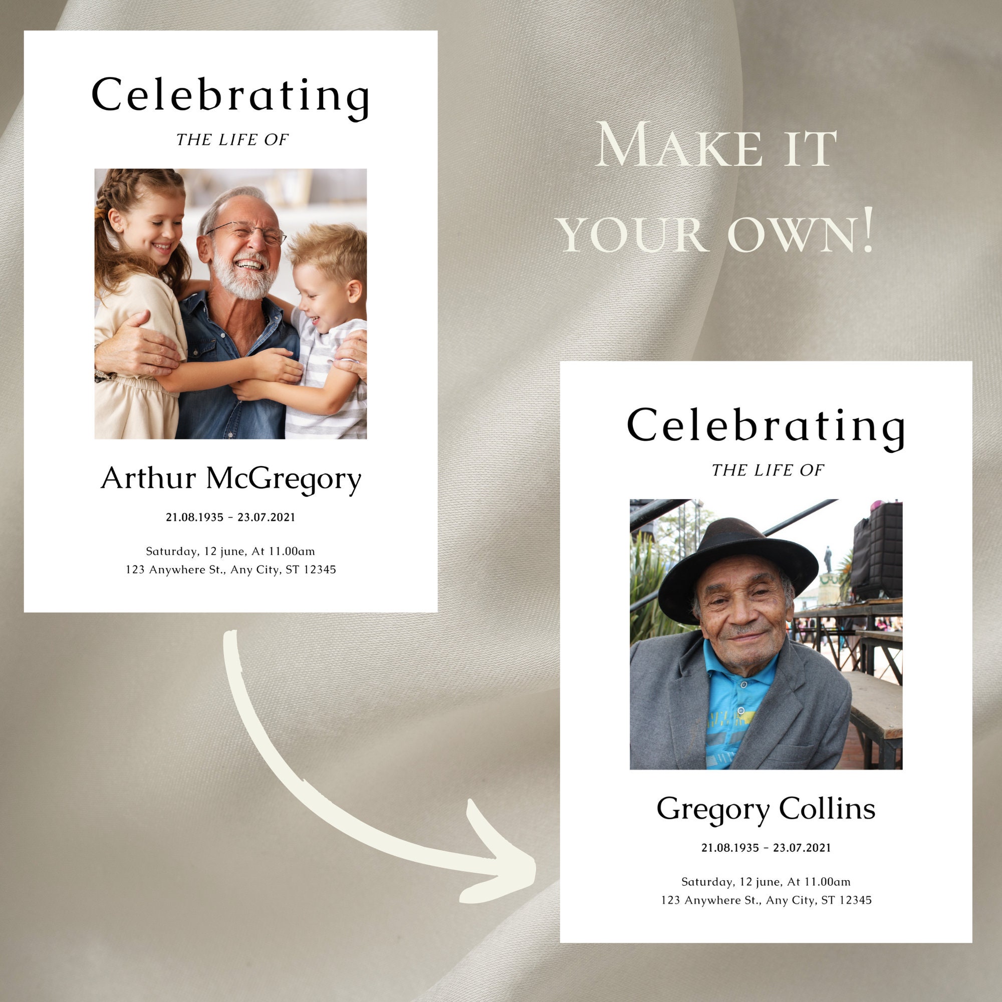 Editable Printable Obituary Template, Funeral Invitation Template ...