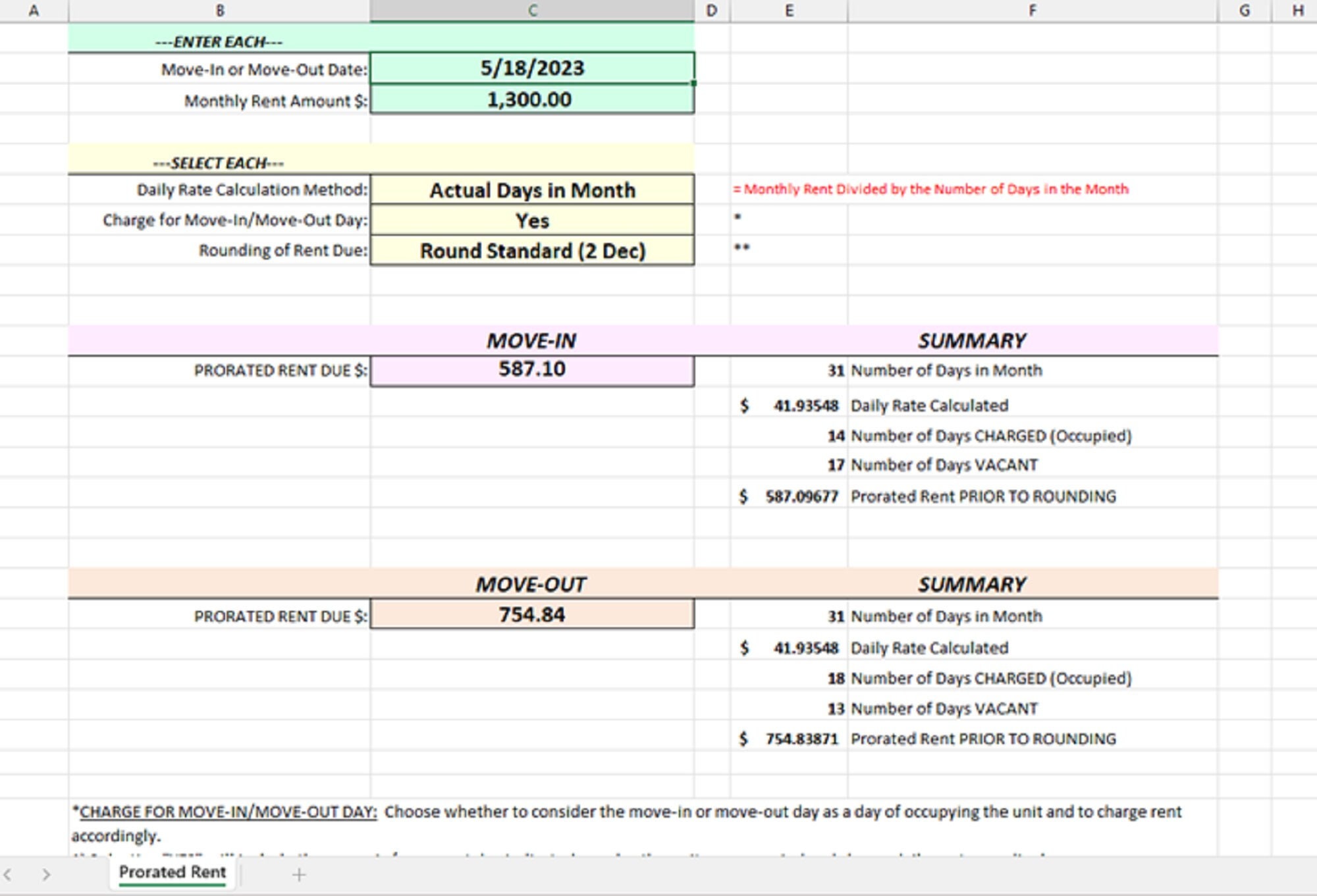 Prorated Rent Calculator EXCEL (1st of Month) - Etsy