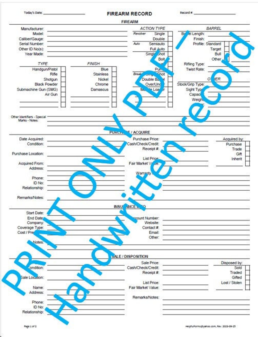 Print ONLY Firearm Record Firearm Log Firearm Inventory Gun Record Gun ...