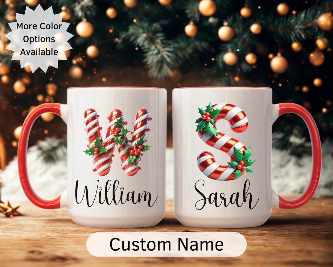 Personalized Christmas Mug, Custom Initial Candy Cane Cup, Holiday ...