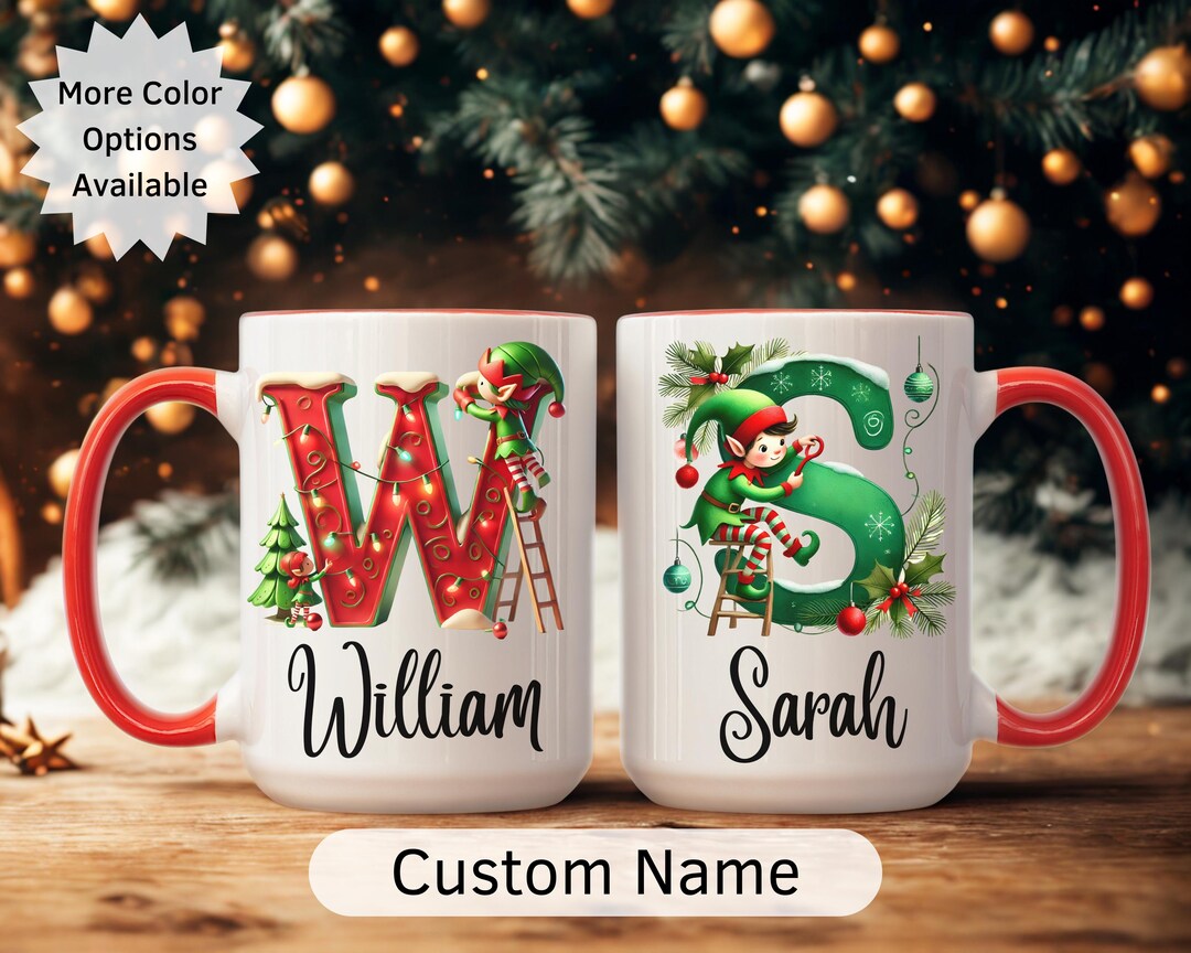 Personalized Christmas Elf Mug, Custom Initial Holiday Cup, Cute Name ...