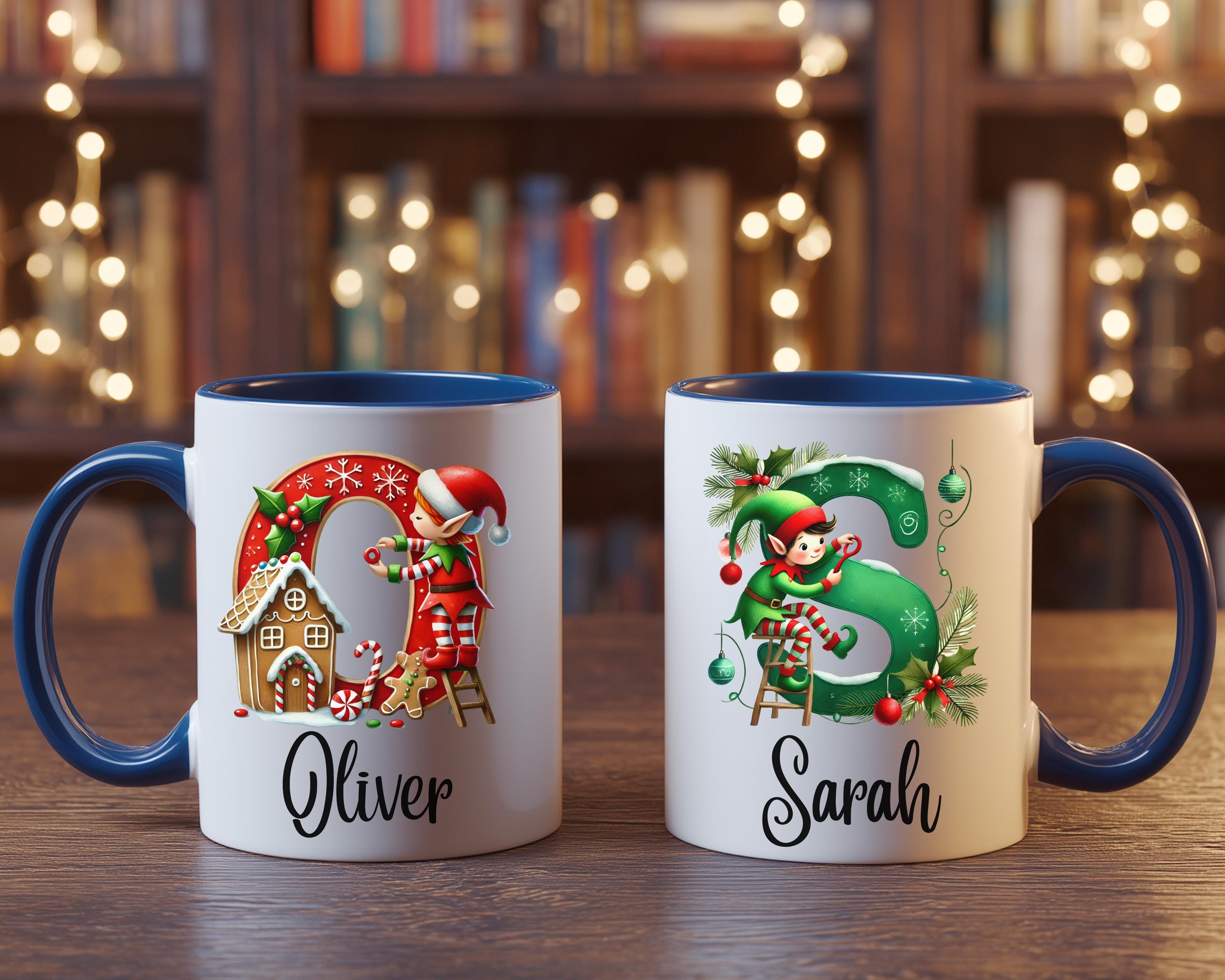 Personalized Christmas Elf Mug, Custom Initial Holiday Cup, Cute Name ...