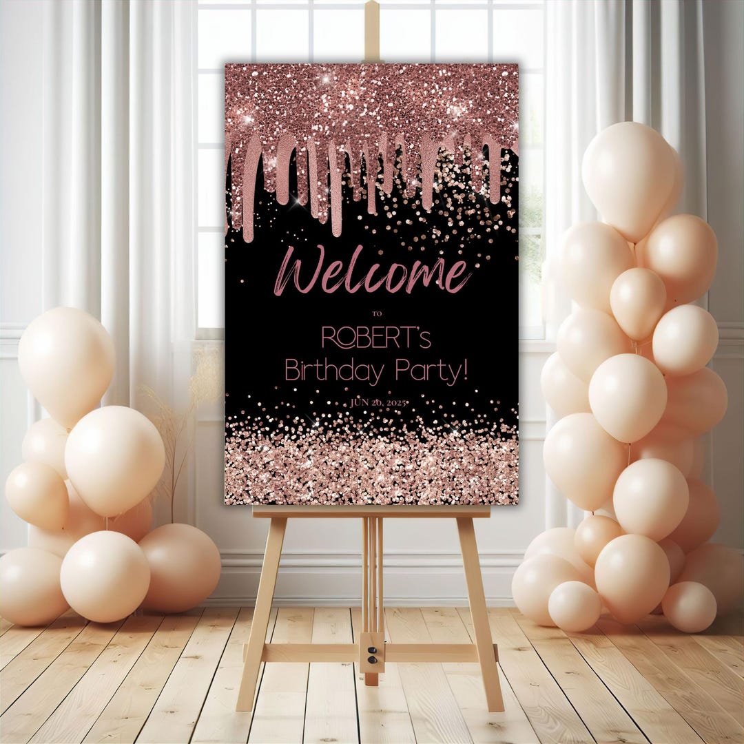 Editable Welcome Sign Rose Gold Glittery Birthday Party Poster Template ...