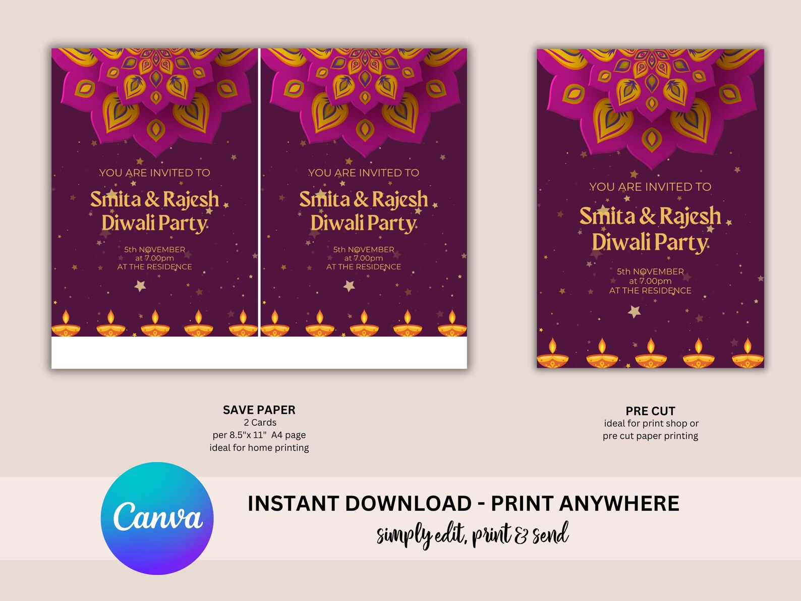 Diwali Invitation Festival of Light Invitation Template Printable Party ...