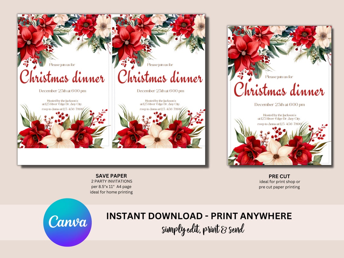 Editable Christmas Dinner Printable Christmas Party Invite Instant ...