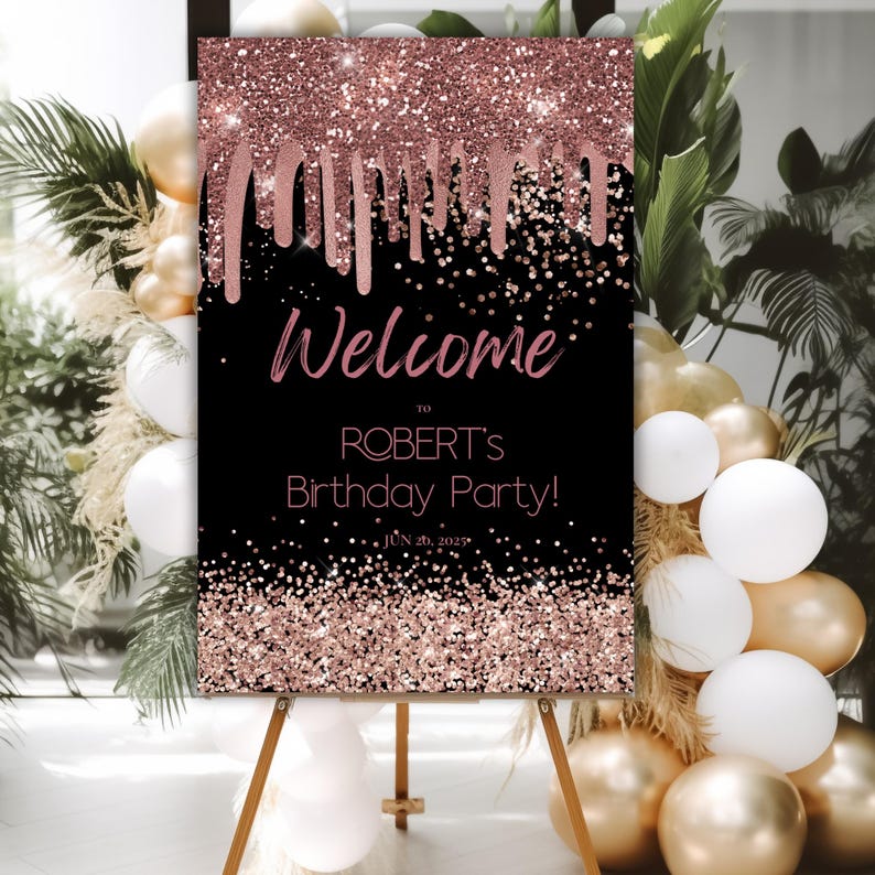 Editable Welcome Sign Rose Gold Glittery Birthday Party Poster Template ...