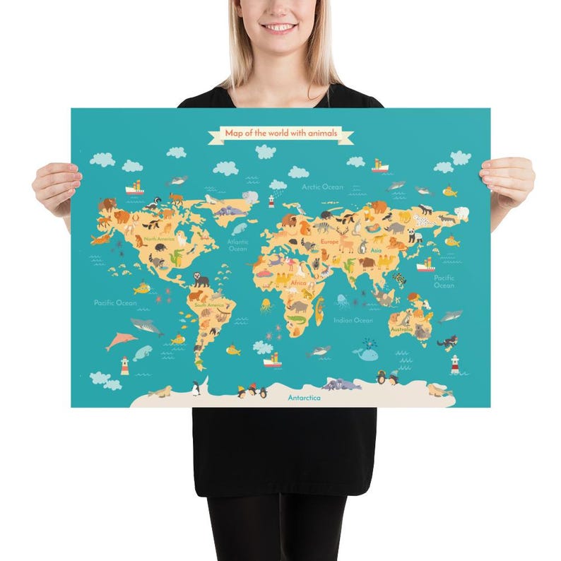 Children World Map | Wild Animals | Poster - Etsy