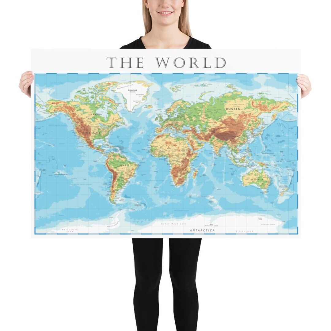 Physical World Map | Classic Europe Centered | Poster - Etsy